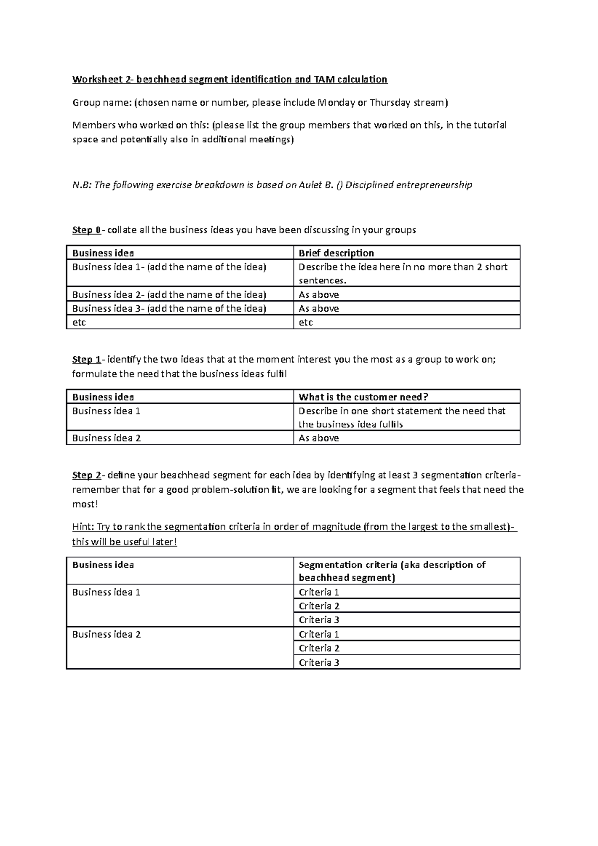 Worksheet 2- tutorial 2- beachhead segment - Worksheet 2- beachhead ...