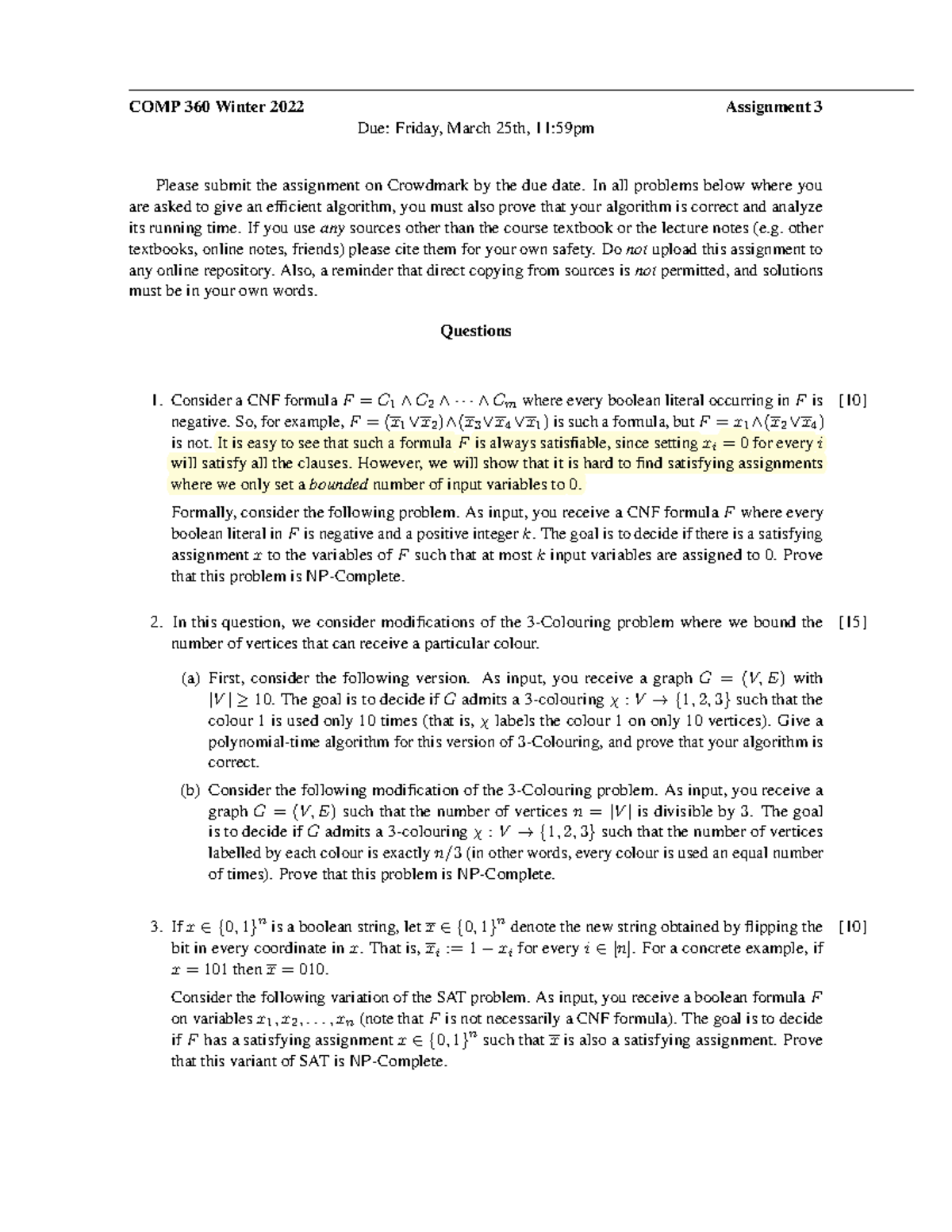 A4 - Fourth Assignemnt - COMP 360 Winter 2022 Assignment 3 Due: Friday, March 25th, 11:59pm ...