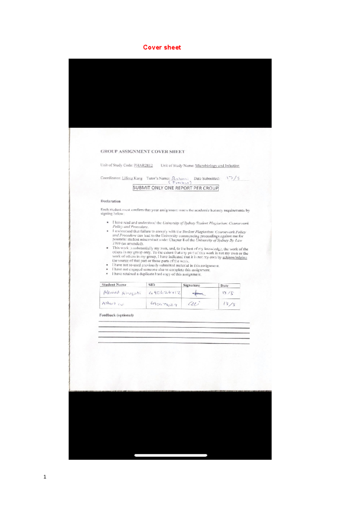 LAB Report 2812 final version - Cover sheet Title: Investigation on the ...