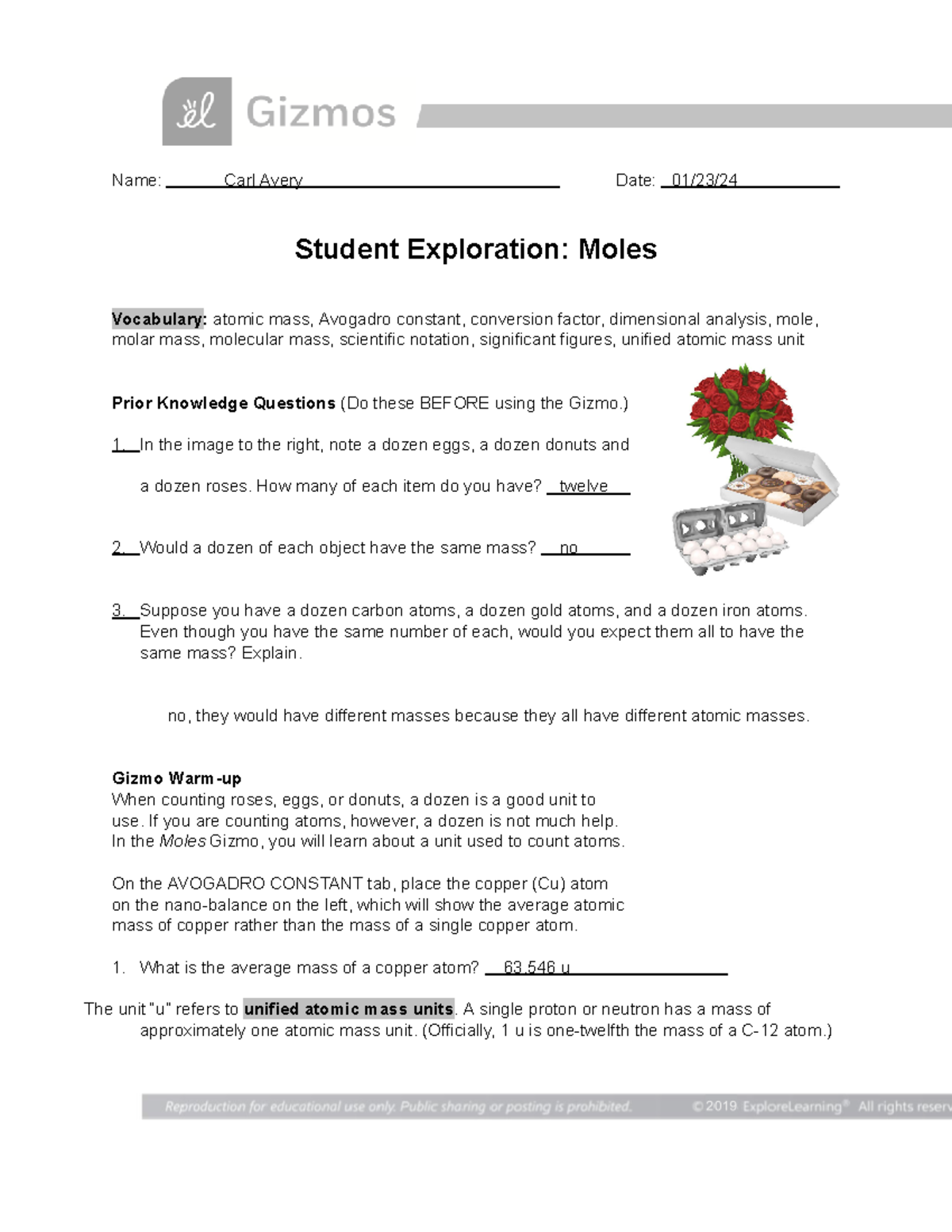 Gizmo Exploration: Moles - Name: Carl Avery Date: 01/23/ Student ...