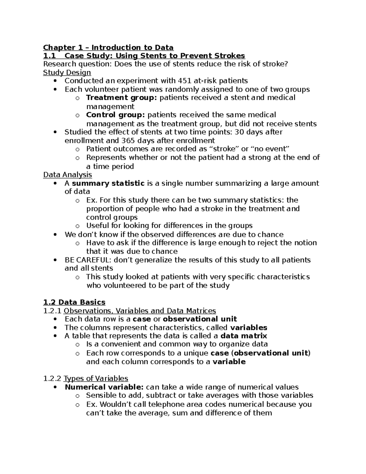 Chapter 1 - Chapter 1 – Introduction to Data 1 Case Study: Using Stents ...