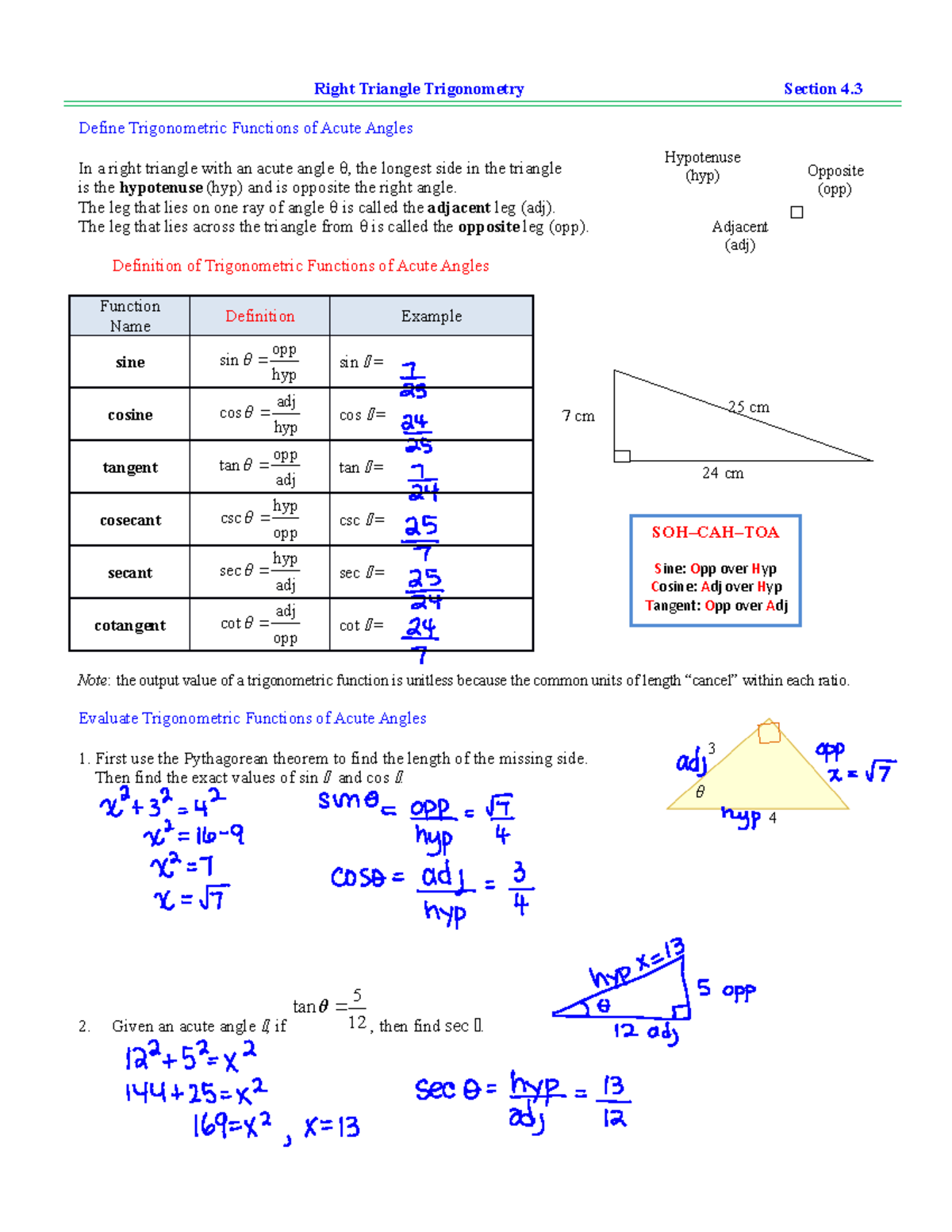 PC LEC 4.3 Solutions - Lecture notes 4.3 - Opposite (opp) Adjacent (adj ...