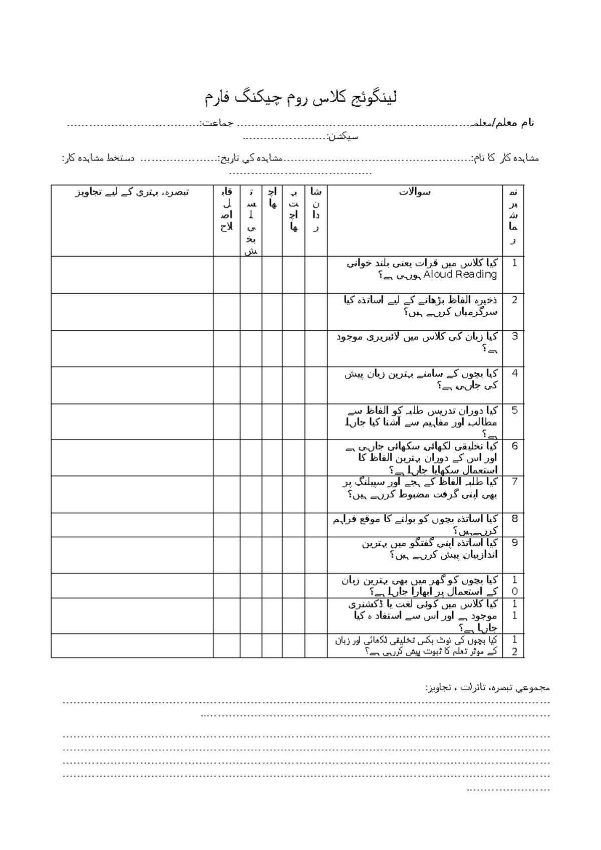 Language Classroom Checking Form - لینگوئج کلاس روم چیکنگ فارم - Studocu