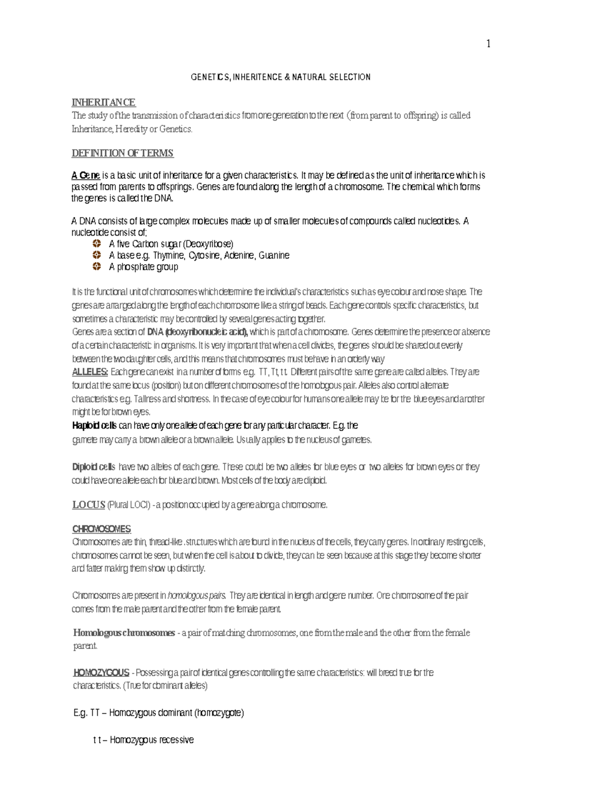 Genetics - biology notes - GENETICS, INHERITENCE & NATURAL SELECTION ...