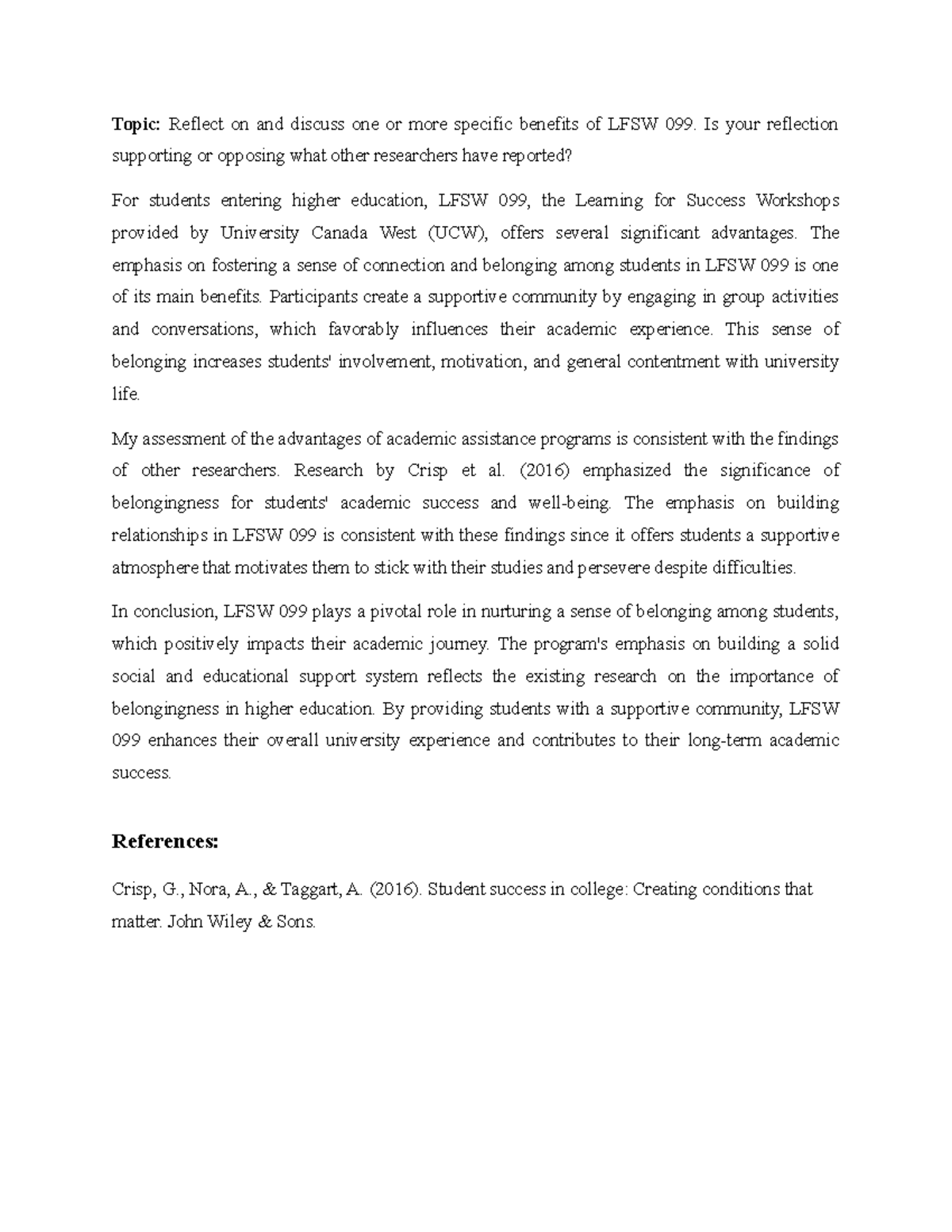 LFSW Assignment - Work - Topic: Reflect on and discuss one or more ...