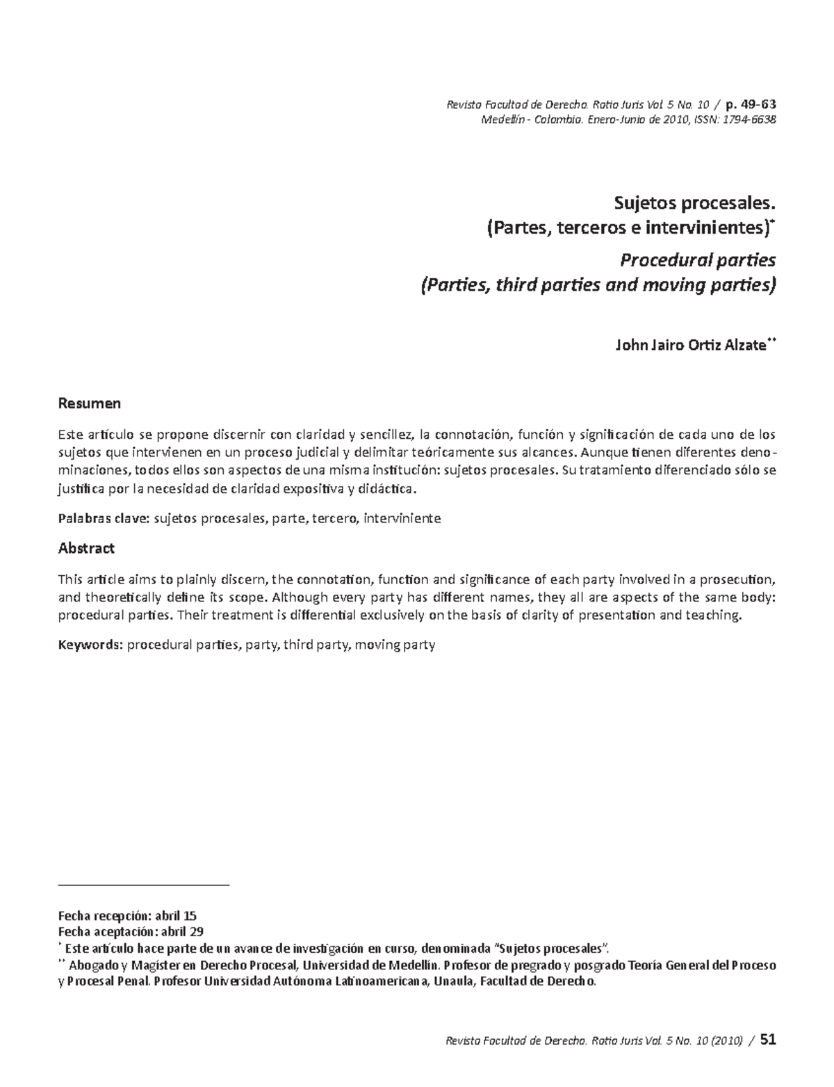 Sujetos procesales - asdasda - Revista Facultad de Derecho. Ratio Juris ...