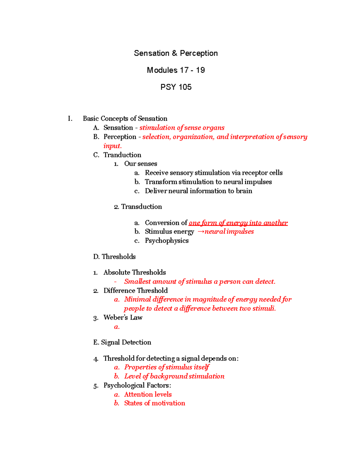 PSY105 - Modules 17-19 - Sensation & Perception Modules 17 - 19 PSY 105 ...