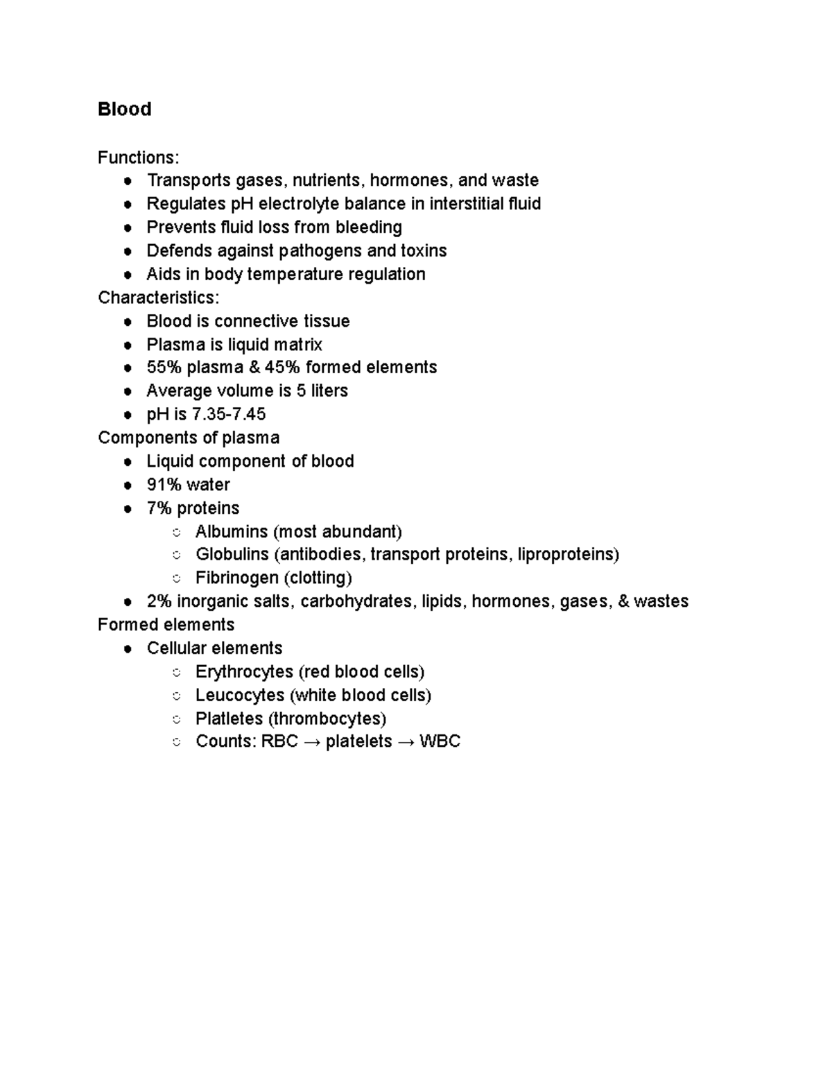 Lecture chapter 11 part 2- blood - Blood Functions: Transports gases ...