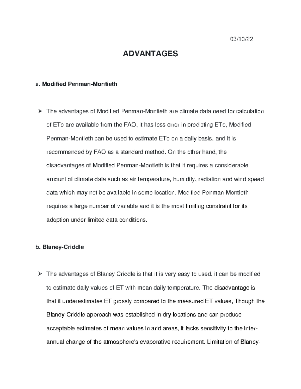 Penman - 03/10/ ADVANTAGES a. Modified Penman-Montieth The advantages ...