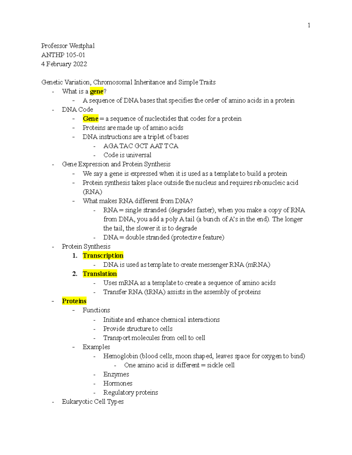 ANTHP 105-01 (3) Genetic Variation, Chromosomal Inheritance AND Simple ...