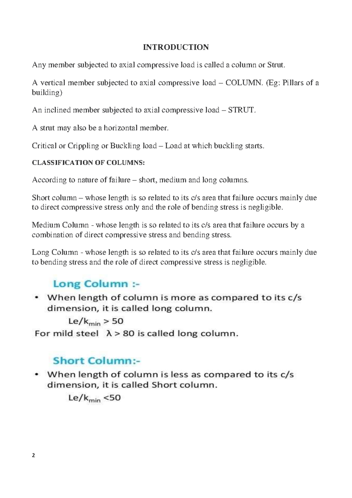 Theory OF Columns - INTRODUCTION Any member subjected to axial ...