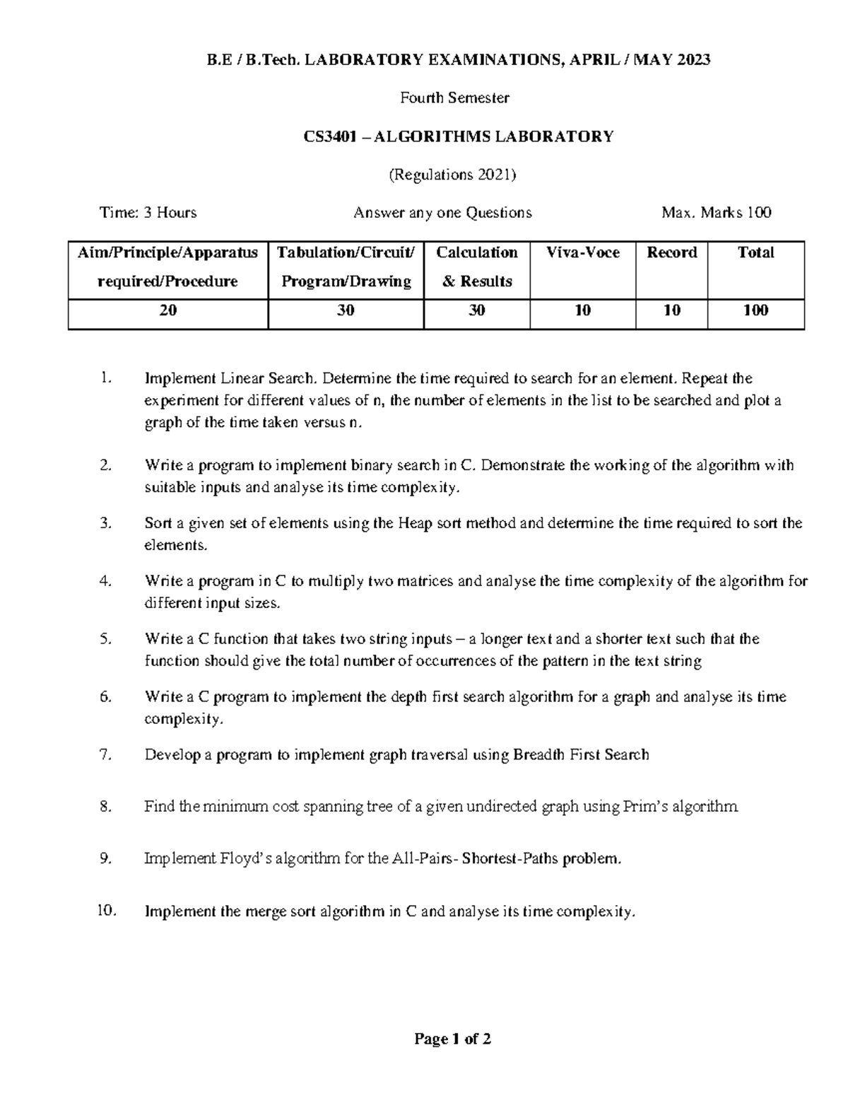 CS3401 SET2 - Notes - Page 1 of 2 B / B. LABORATORY EXAMINATIONS, APRIL ...