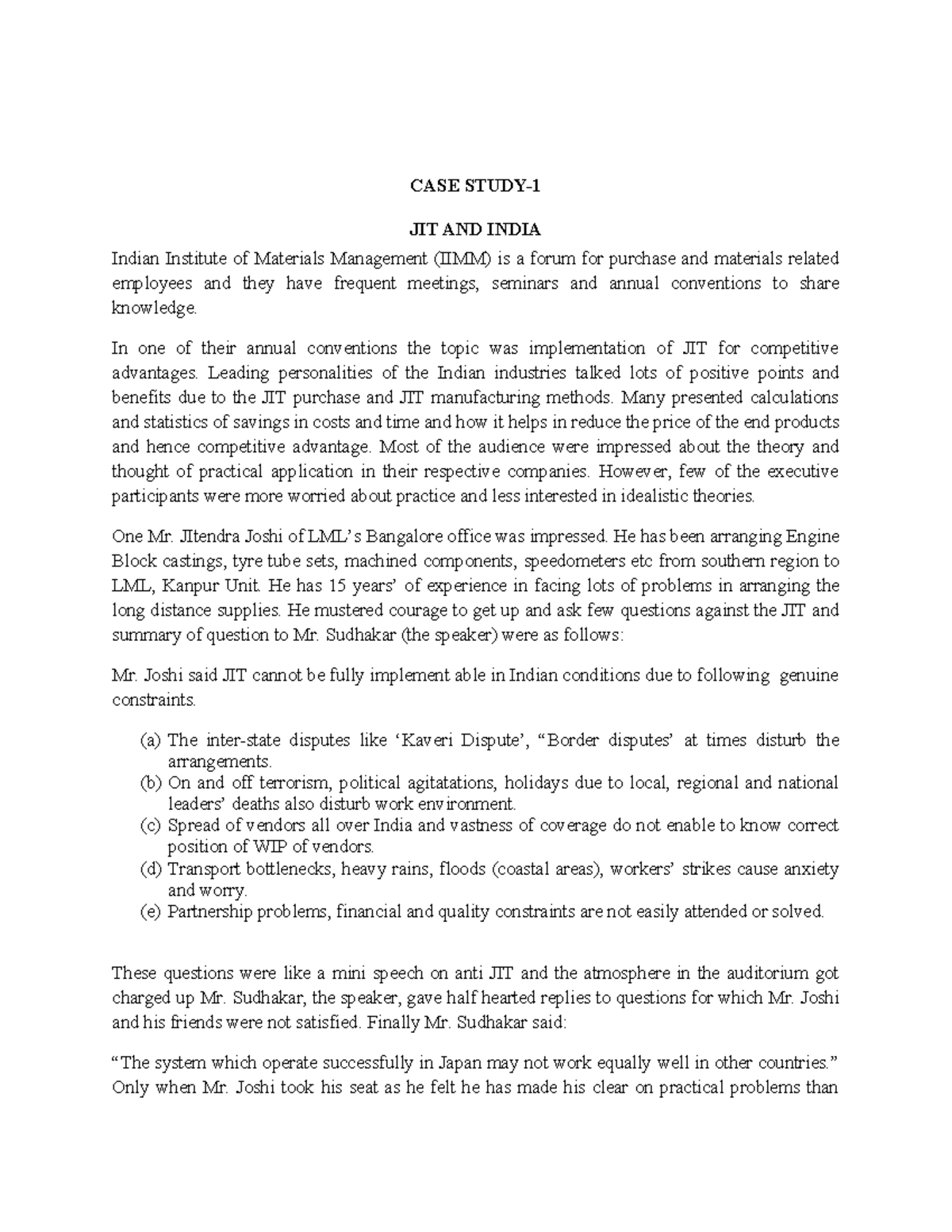 34155160 Case Studies Production and Operations Management - CASE STUDY- JIT AND INDIA Indian ...