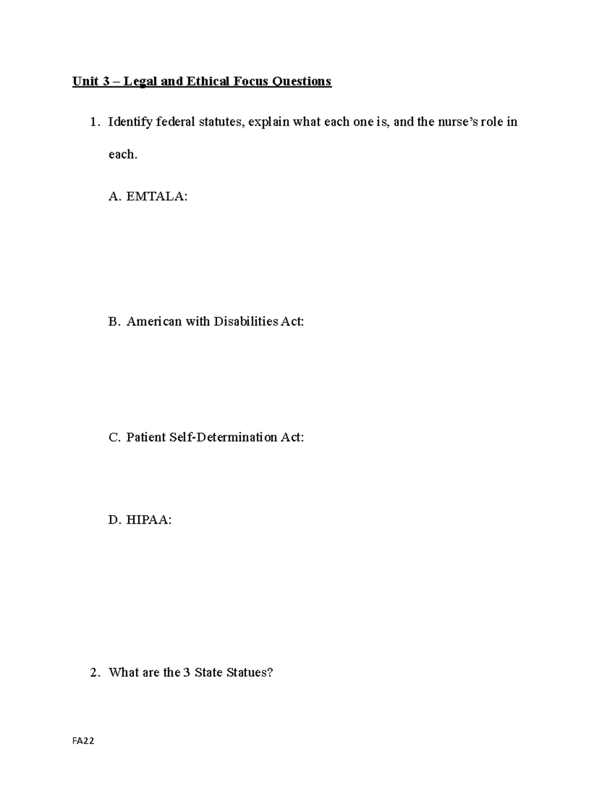 Unit 3 Focus Questions - Unit 3 – Legal and Ethical Focus Questions 1 ...