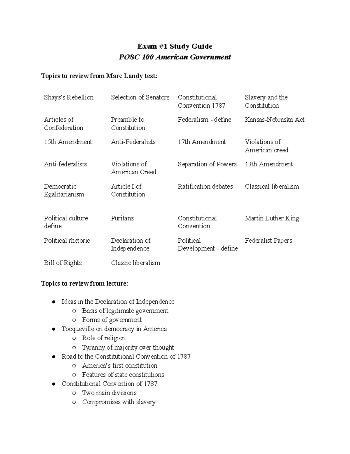 Study Guide-Exam1 - Exam #1 Study Guide POSC 100 American Government ...