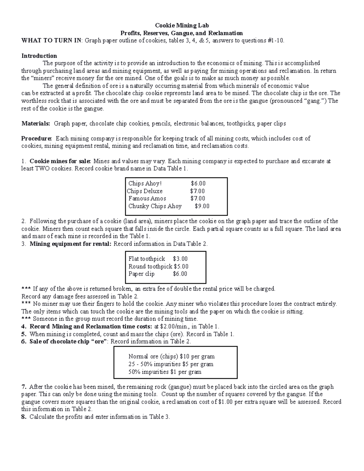 Cookie mining lab - Lab - Cookie Mining Lab Profits, Reserves, Gangue ...