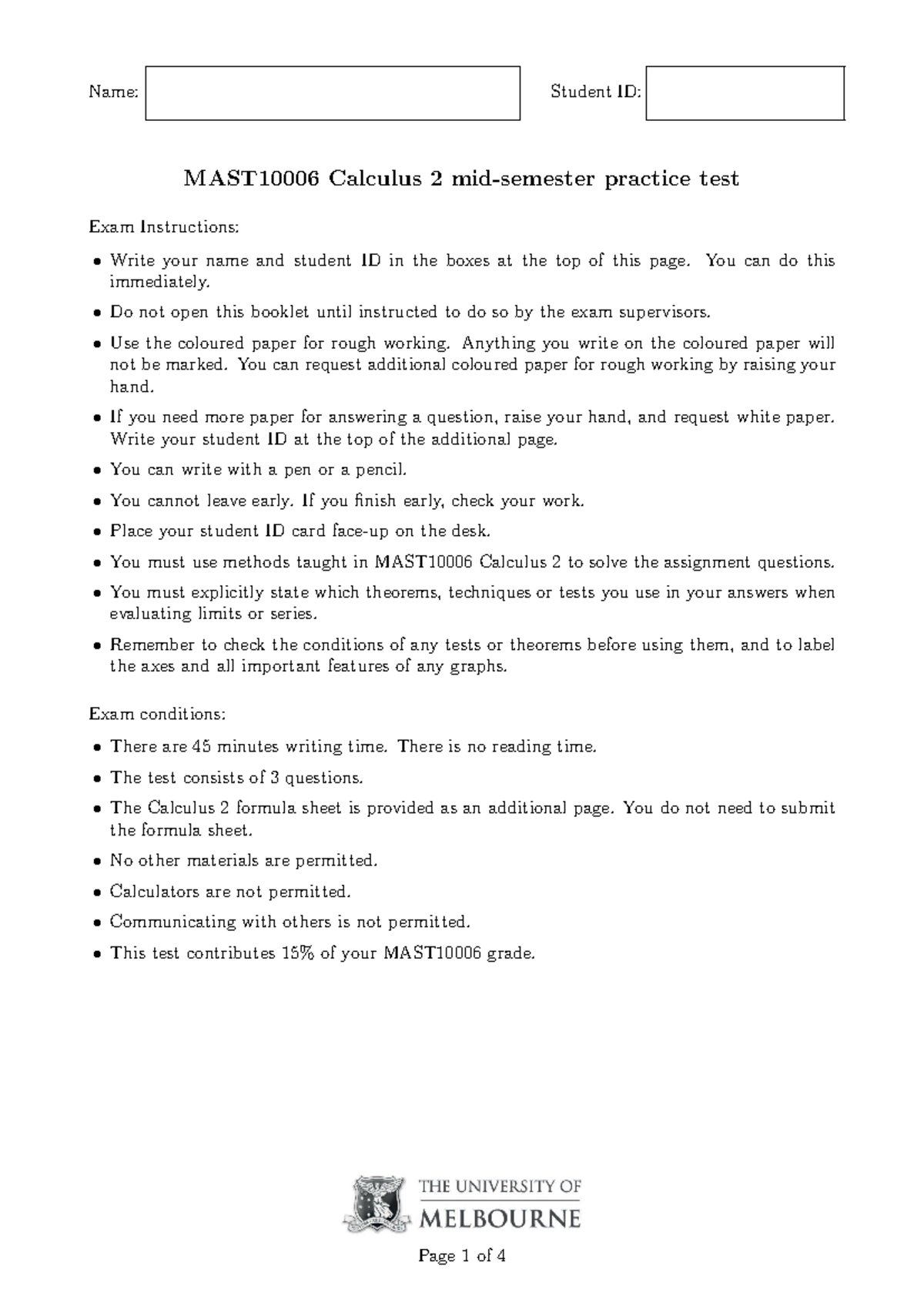 MAST10006+MST+Practice - Name: Student ID: MAST10006 Calculus 2 mid ...