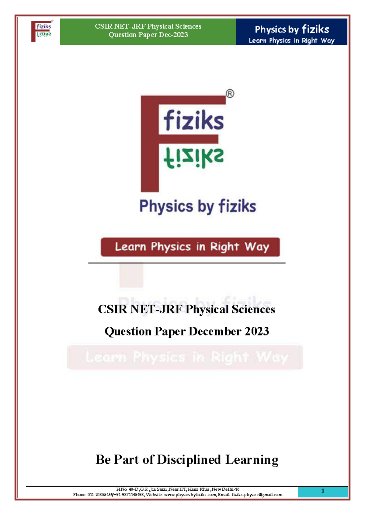 CSIR NET JRF Physical Sciences Paper Dec 2023 compressed - Question ...