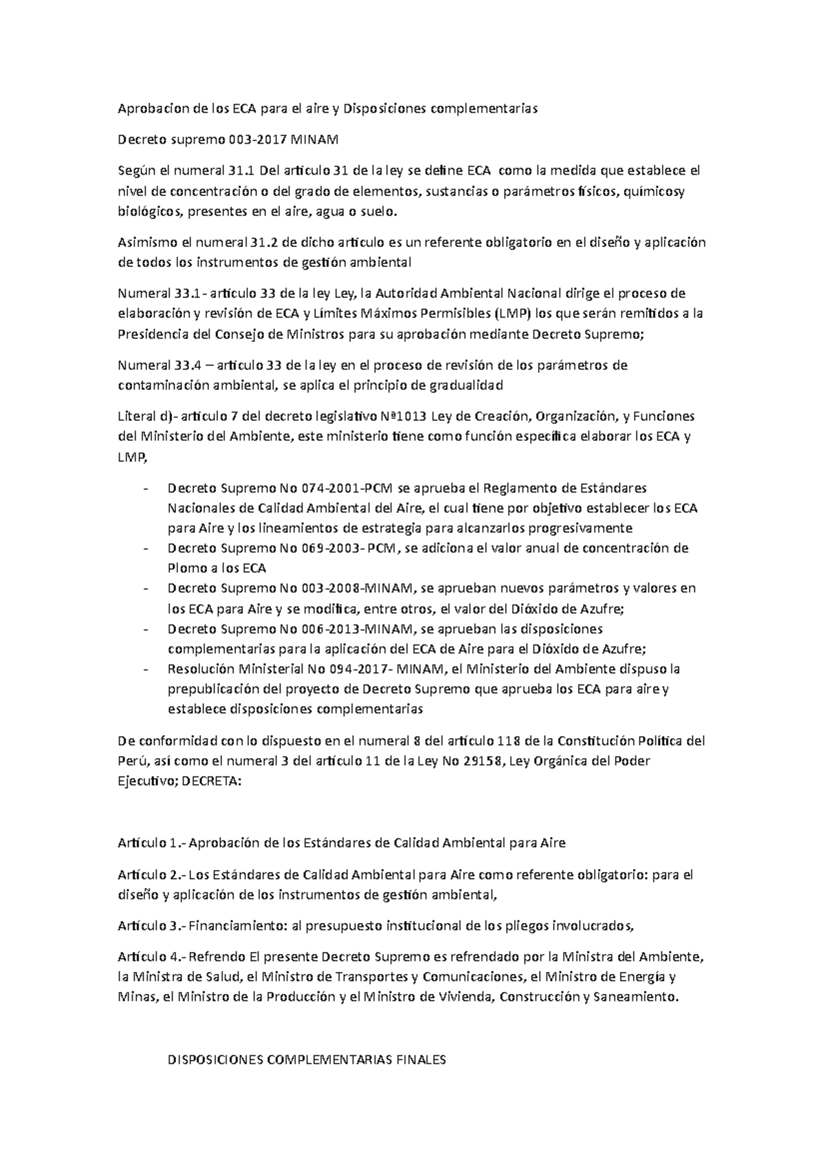 Aprobacion de los ECA para el aire y Disposiciones complementarias aire - FUNDAMENTOS DE - Studocu