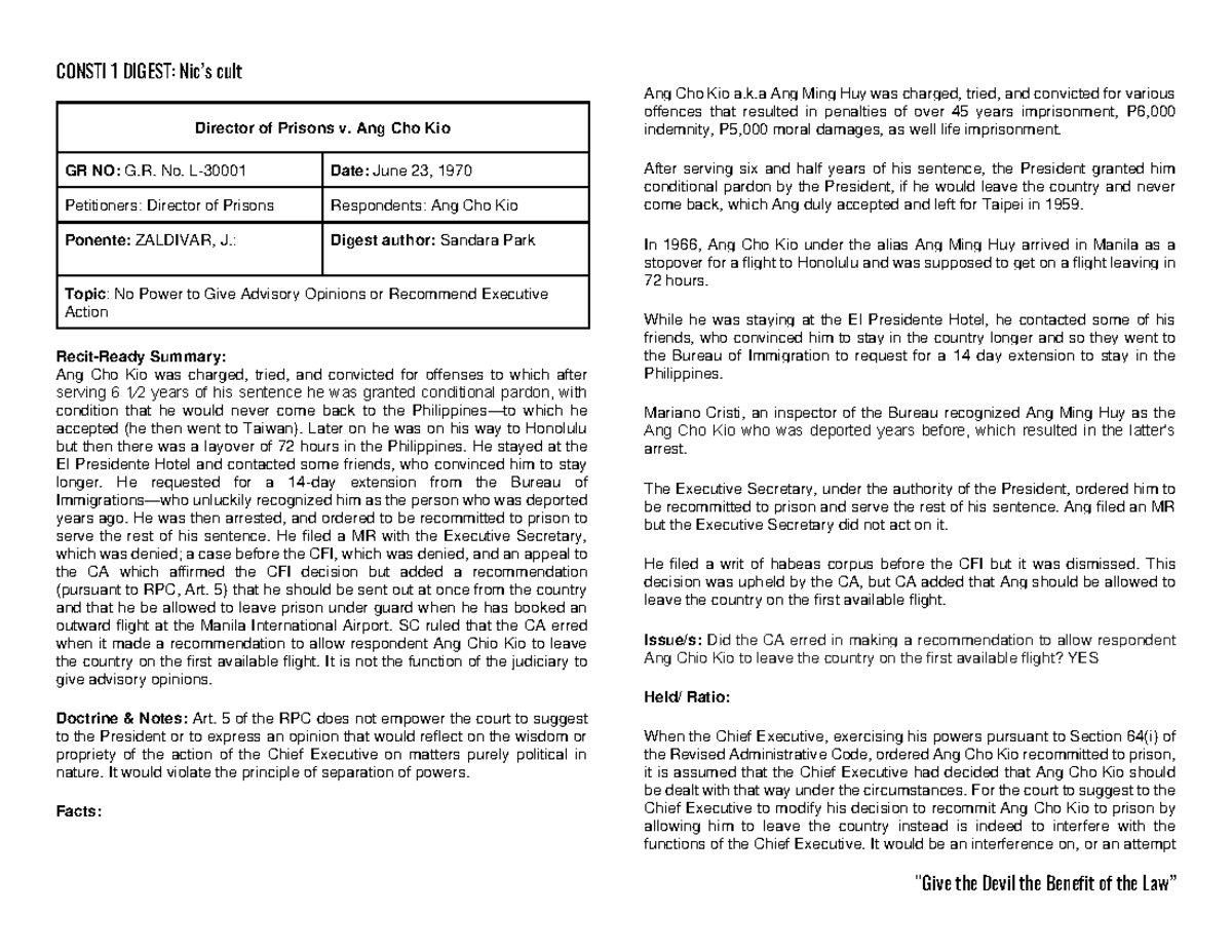 13 Director of Prisons v. Ang Cho Kio – 33 SCRA 494 [1970] (no power to ...