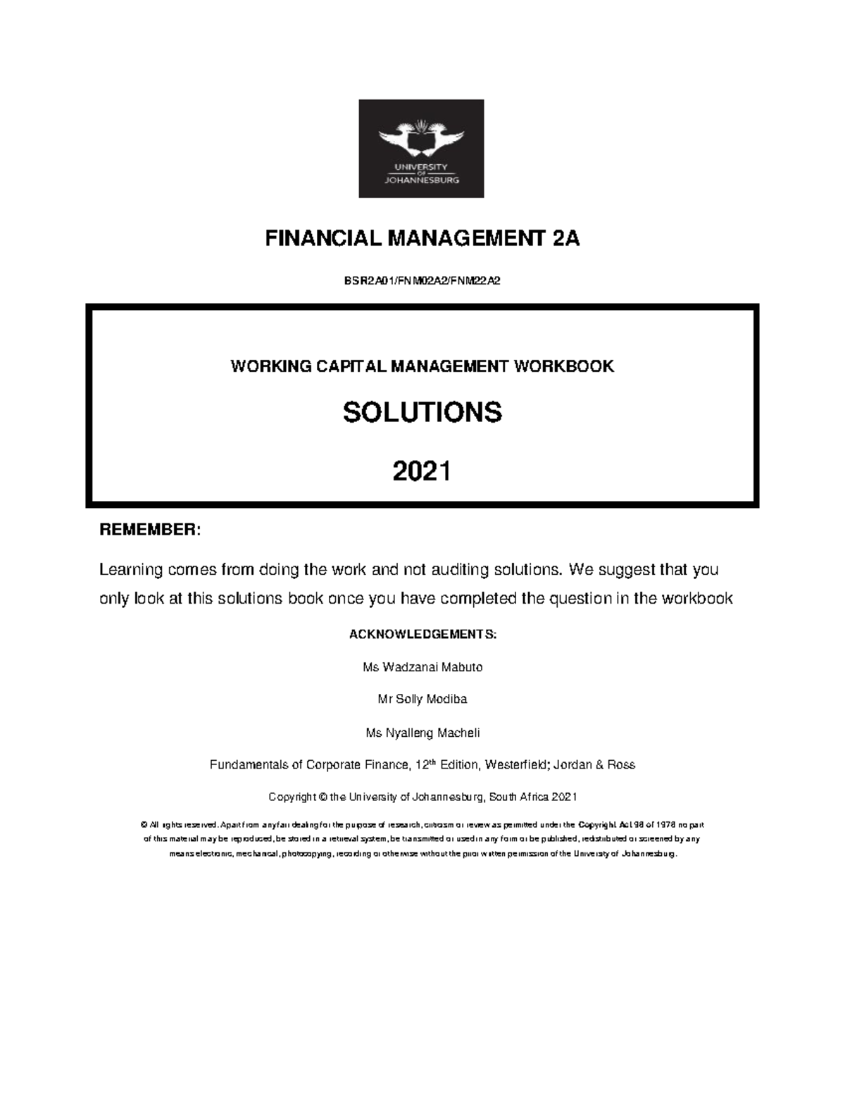 Unit 4. Working Capital Management Workbook Solutions - FINANCIAL ...