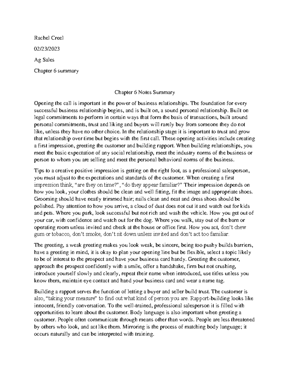 Ag sales ch 6 summary - Rachel Creel 02/23/ Ag Sales Chapter 6 summary ...