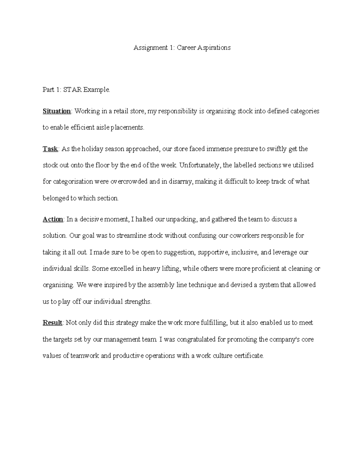 Career Aspiration - Assignment 1: Career Aspirations Part 1: STAR ...