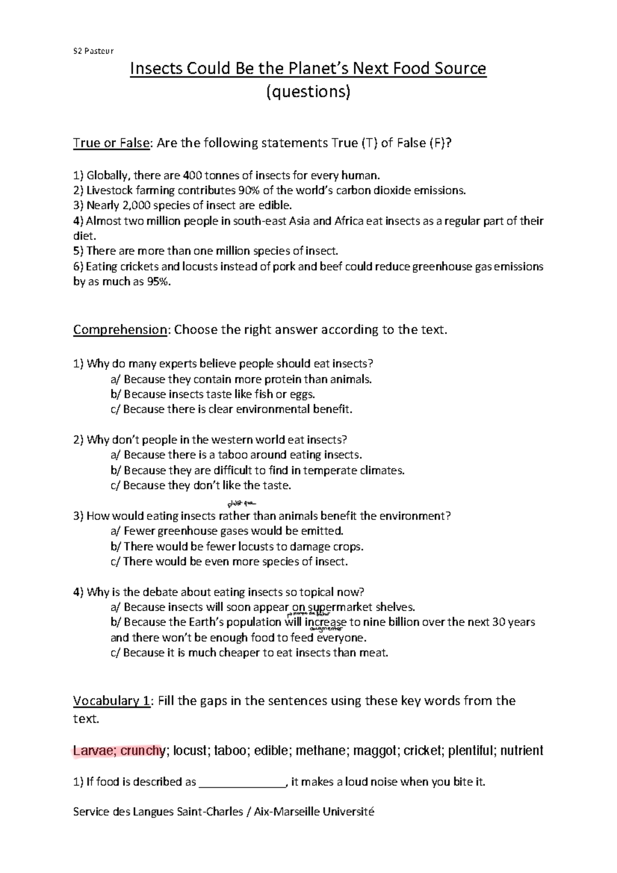 Séance 1 Insects Could Be the Planets Next Food Source (questions ...