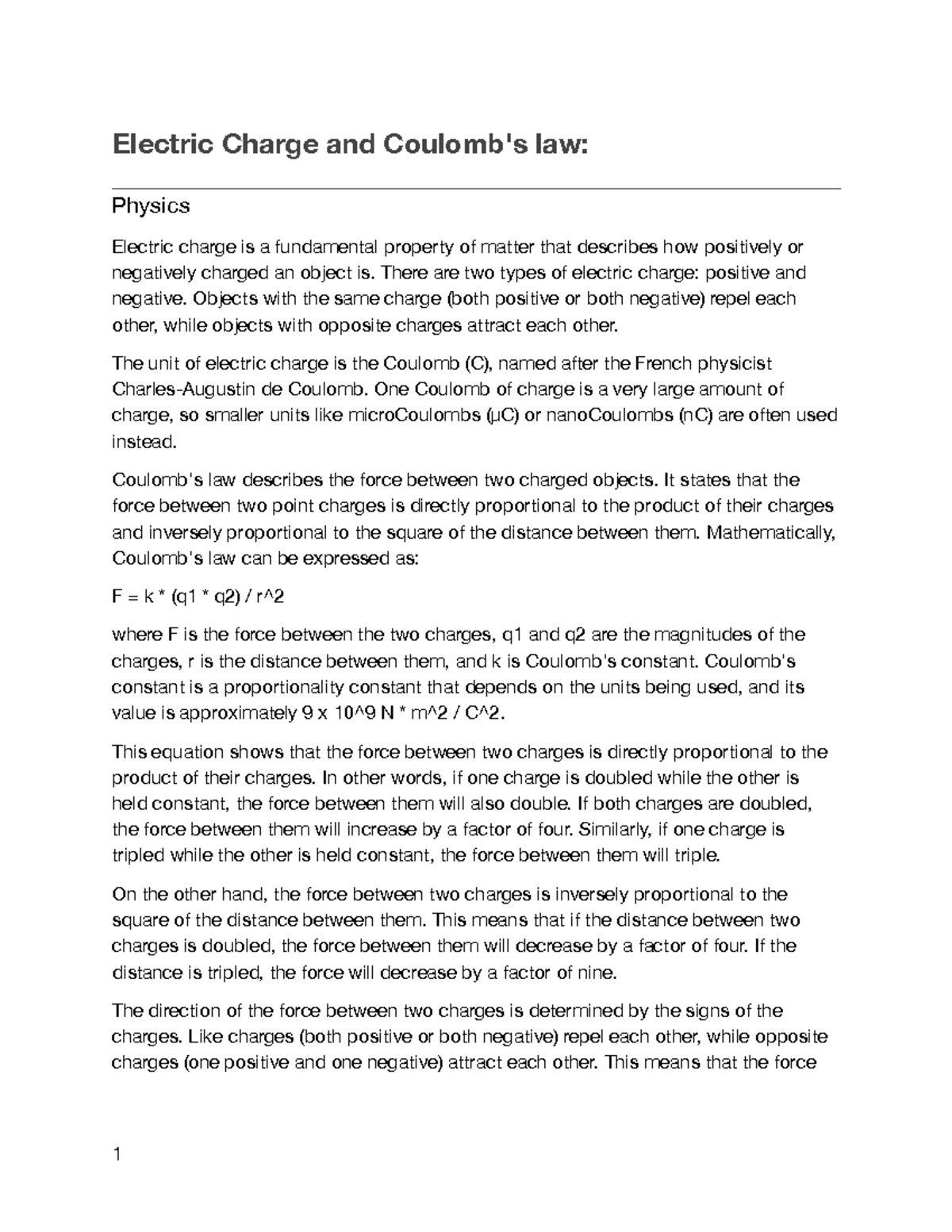 Electric Charge and Coulomb's Law Notes - Electric Charge and Coulomb's ...