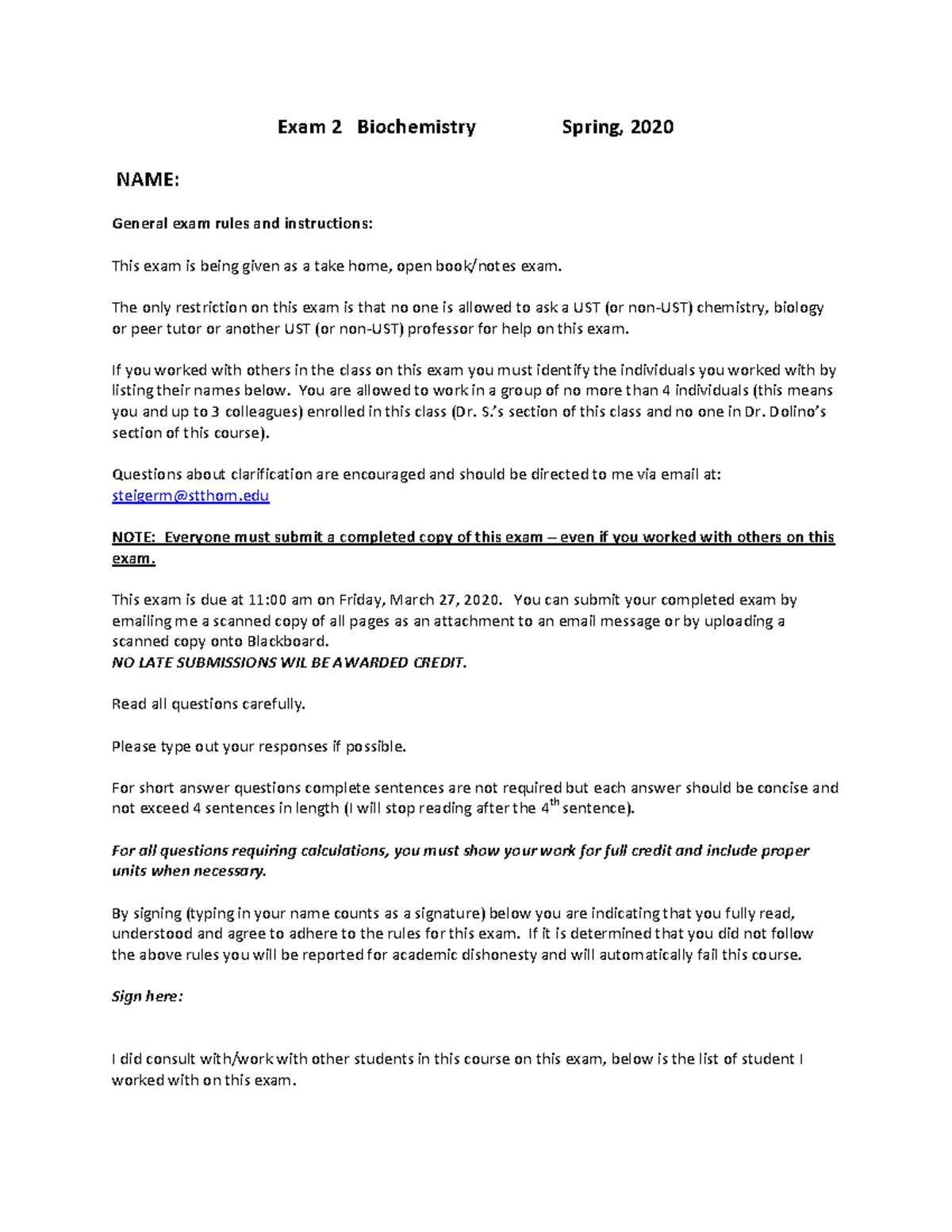 2020 exam 2 - practice test biochem - Exam 2 Biochemistry Spring, 2020 ...