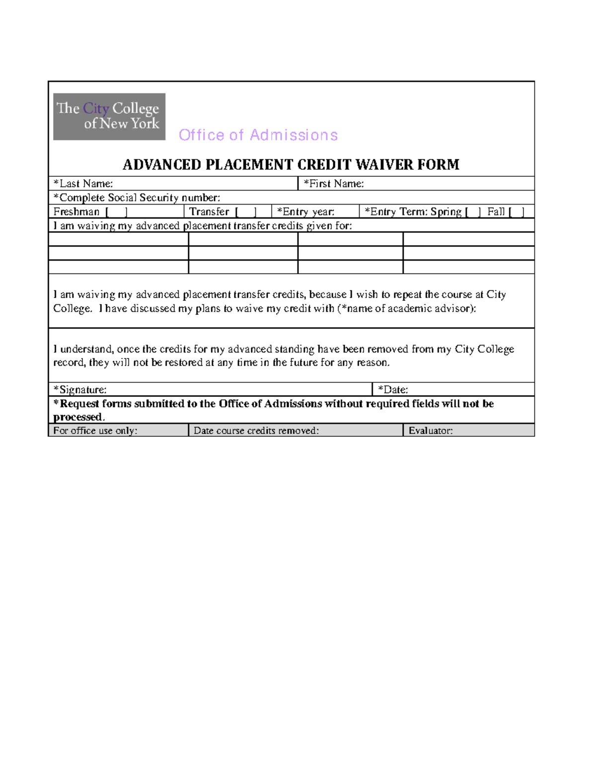 AP Credit Waiver Form 7 1 2013 - Office of Admissions ADVANCED ...