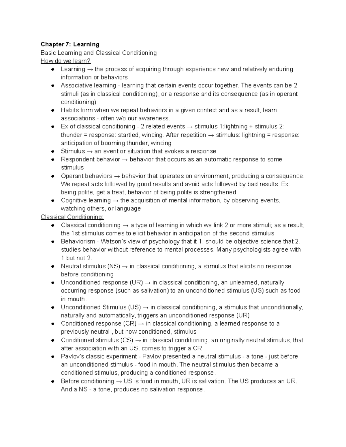 Psychology 111 textbook notes - chapter 7 - Chapter 7: Learning Basic ...