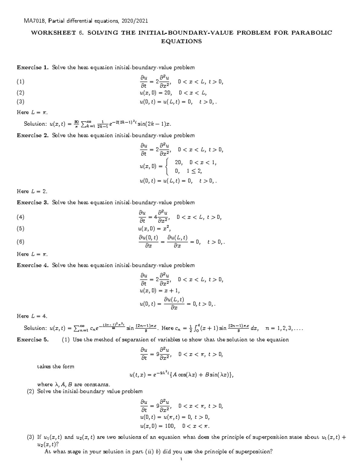 Worksheet 6 - PDE's - MA7018, Partial differential equations, 2020 ...