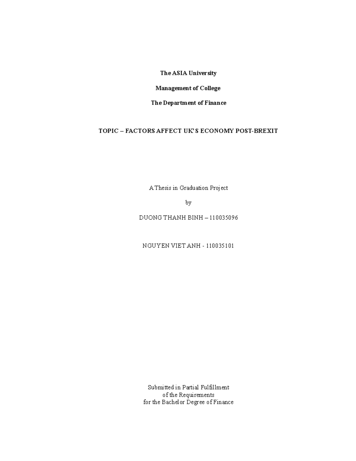 Thesis format - The ASIA University Management of College The ...
