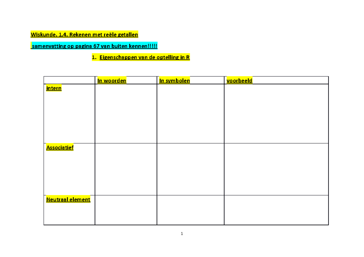 Wiskunde reele getallen 1.4 blanco theorie tabel - Wiskunde. 1. Rekenen ...