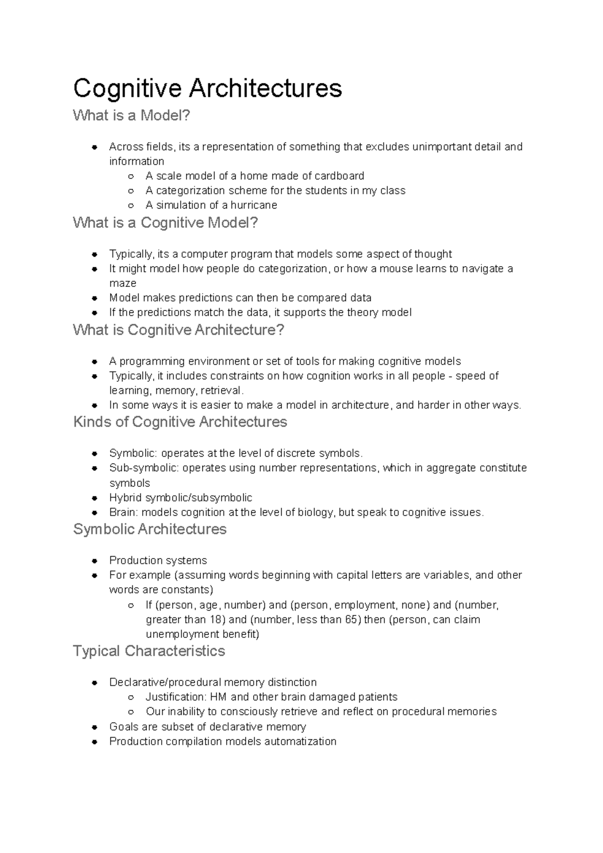 CGSC 1001 - Cognitive Architectures - Cognitive Architectures What is a Model? Across fields ...