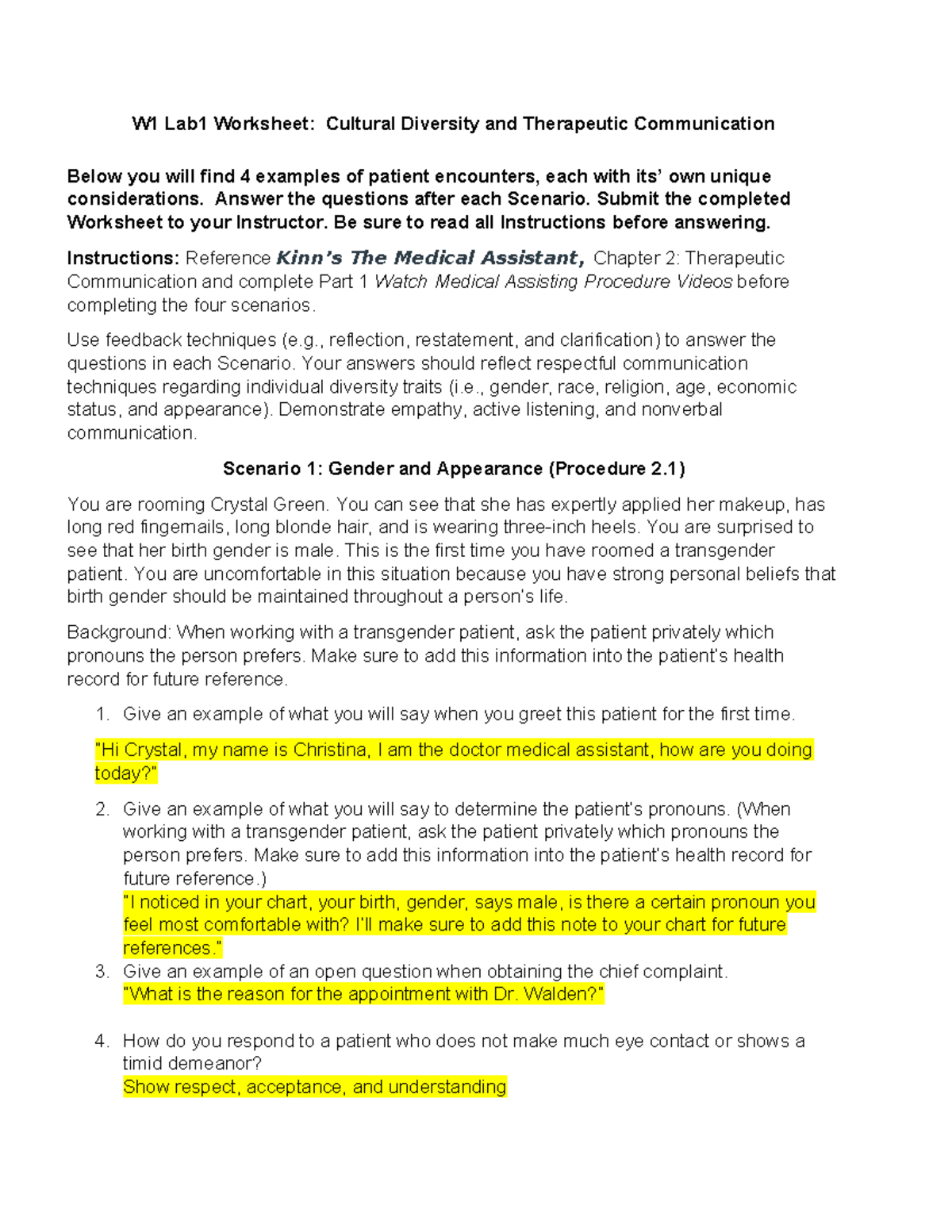 MOA110 W1 Lab - W1 Lab1 Worksheet: Cultural Diversity and Therapeutic Communication Below you ...