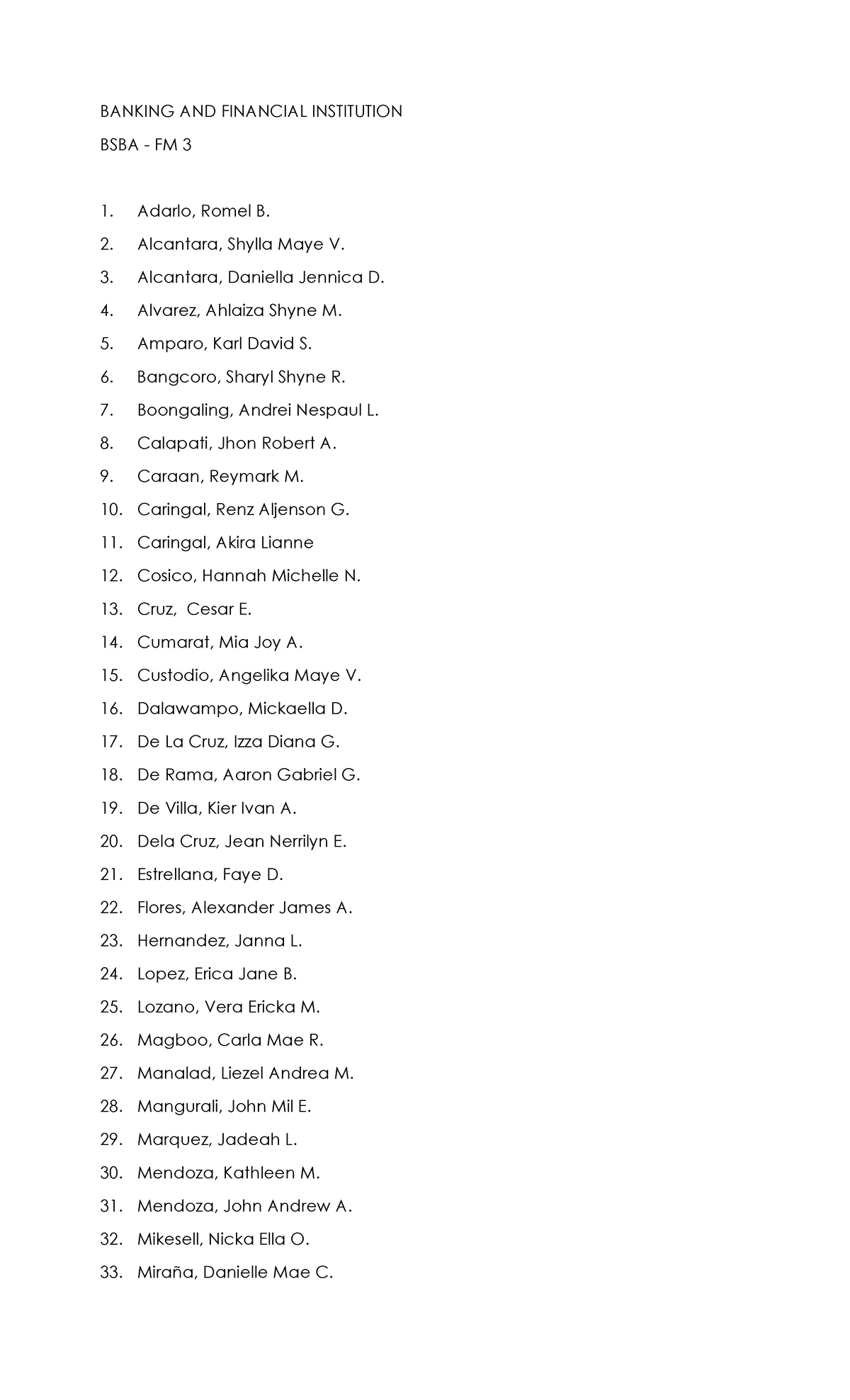 Banking AND Financial Institution class list - BANKING AND FINANCIAL ...