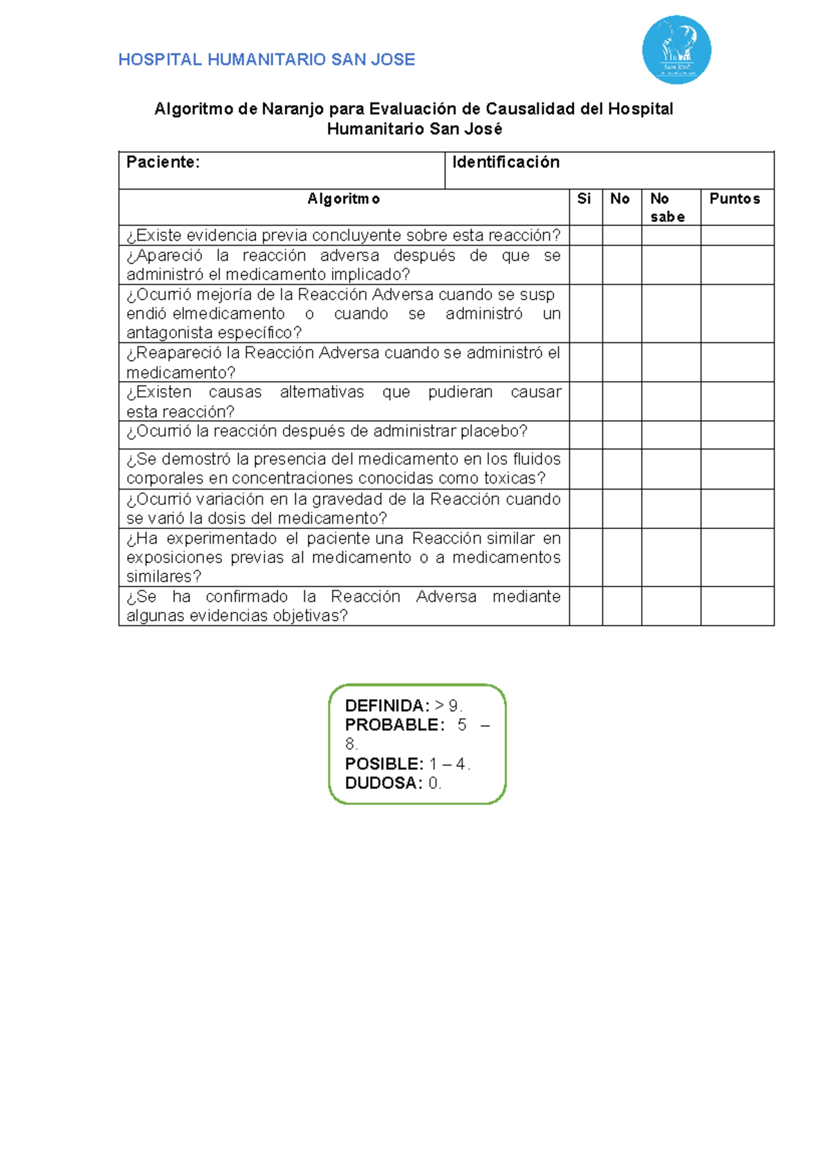 Algoritmo de Naranjo para Evaluación de Causalidad del Hospital ...