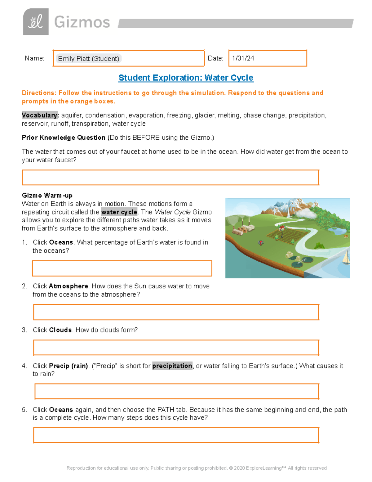 Emily Piatt (Student) - The Water Cycle Gizmo - Name: Emily Piatt ...