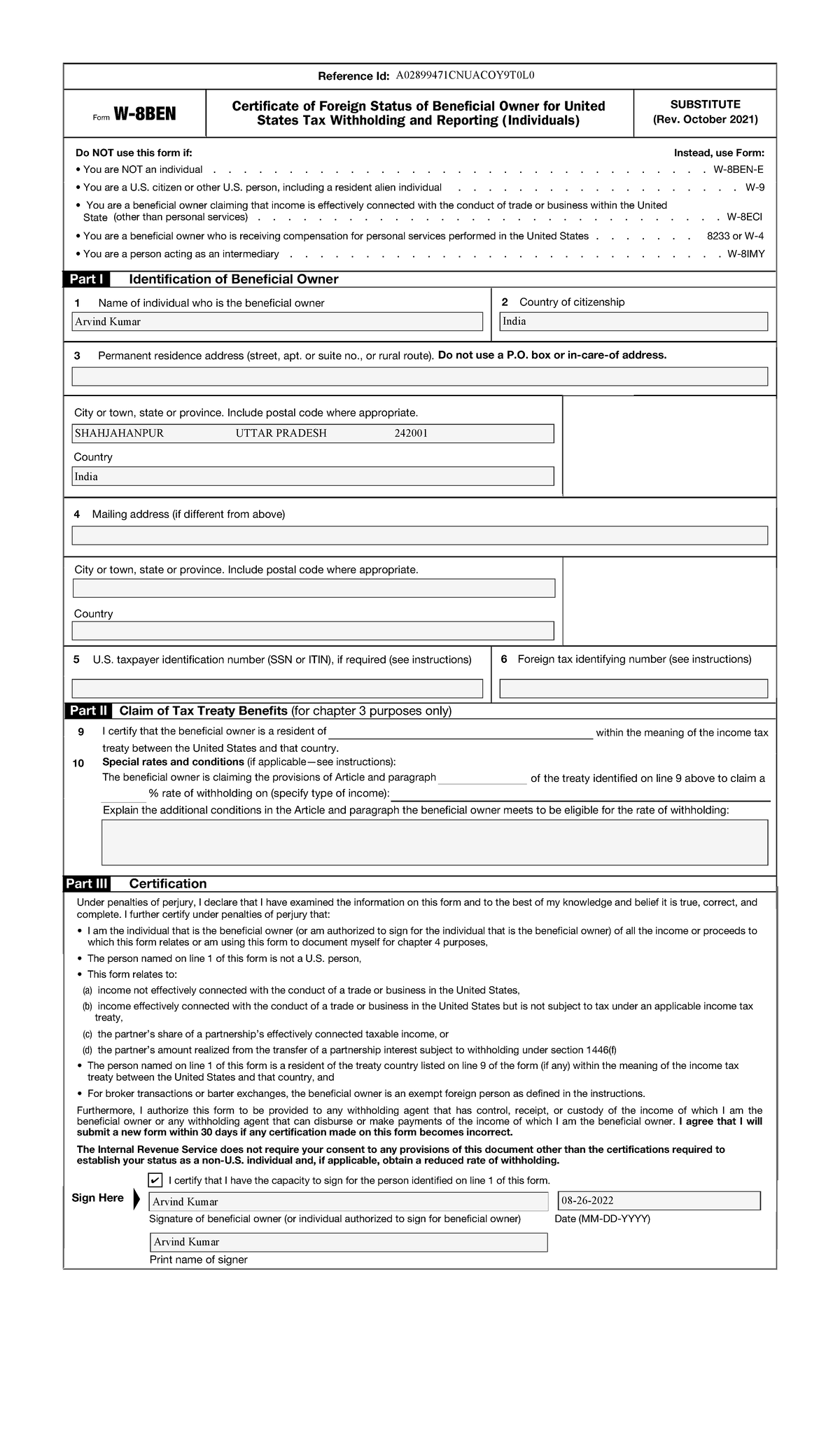 Tax-interview - not yet - Reference Id: SUBSTITUTE Form W-8BEN (Rev ...