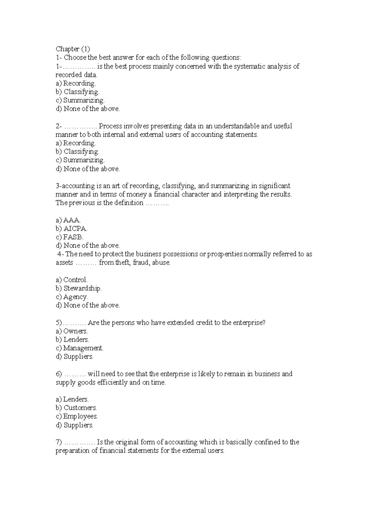 Chapter 1 questions - Copy - Chapter (1) 1- Choose the best answer for ...