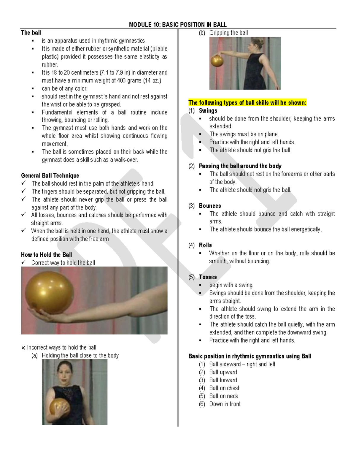 PE 1 Module 10 Notee - MODULE 10: BASIC POSITION IN BALL The ball is an apparatus used in ...