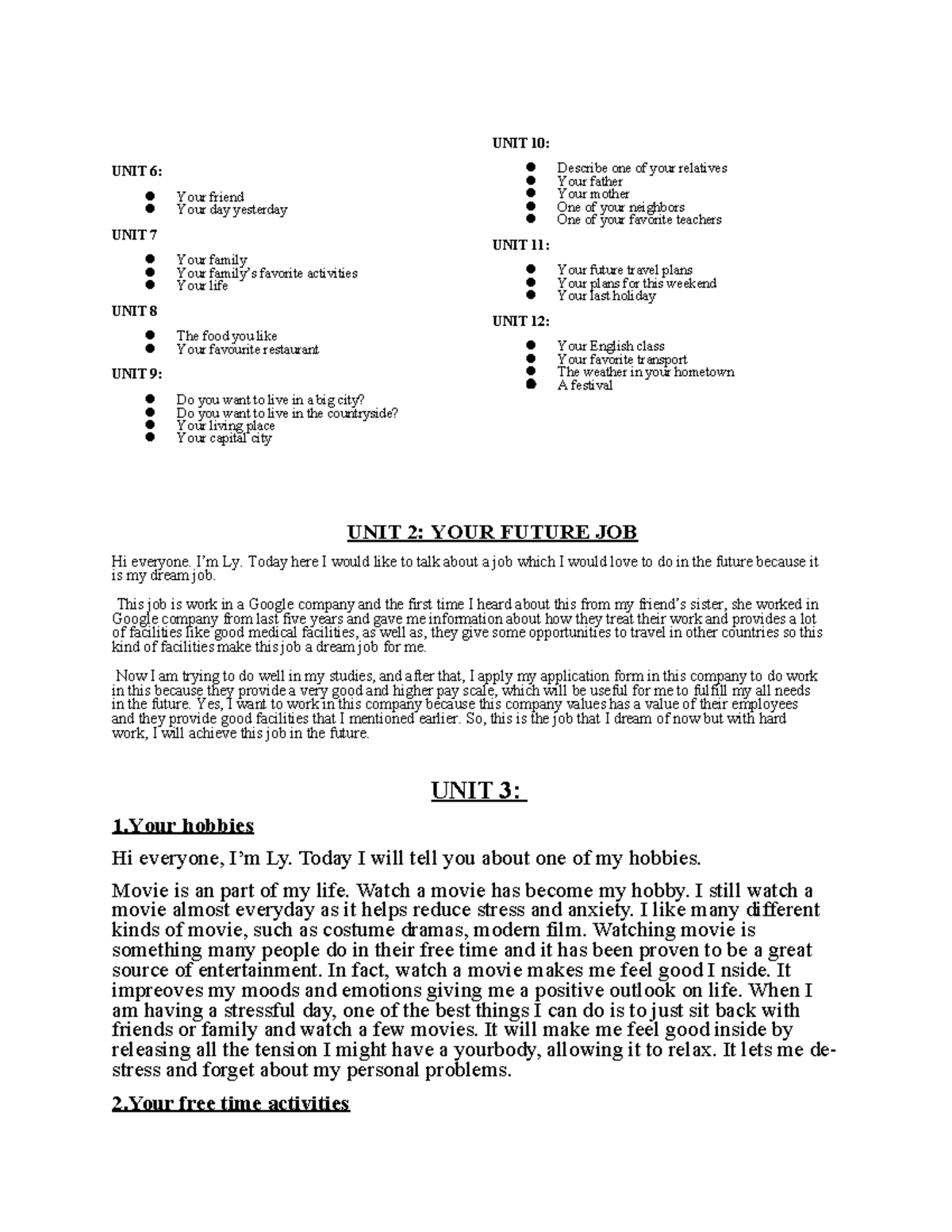 Speaking Topics - ####### UNIT 6: ####### Your friend ####### Your day ...