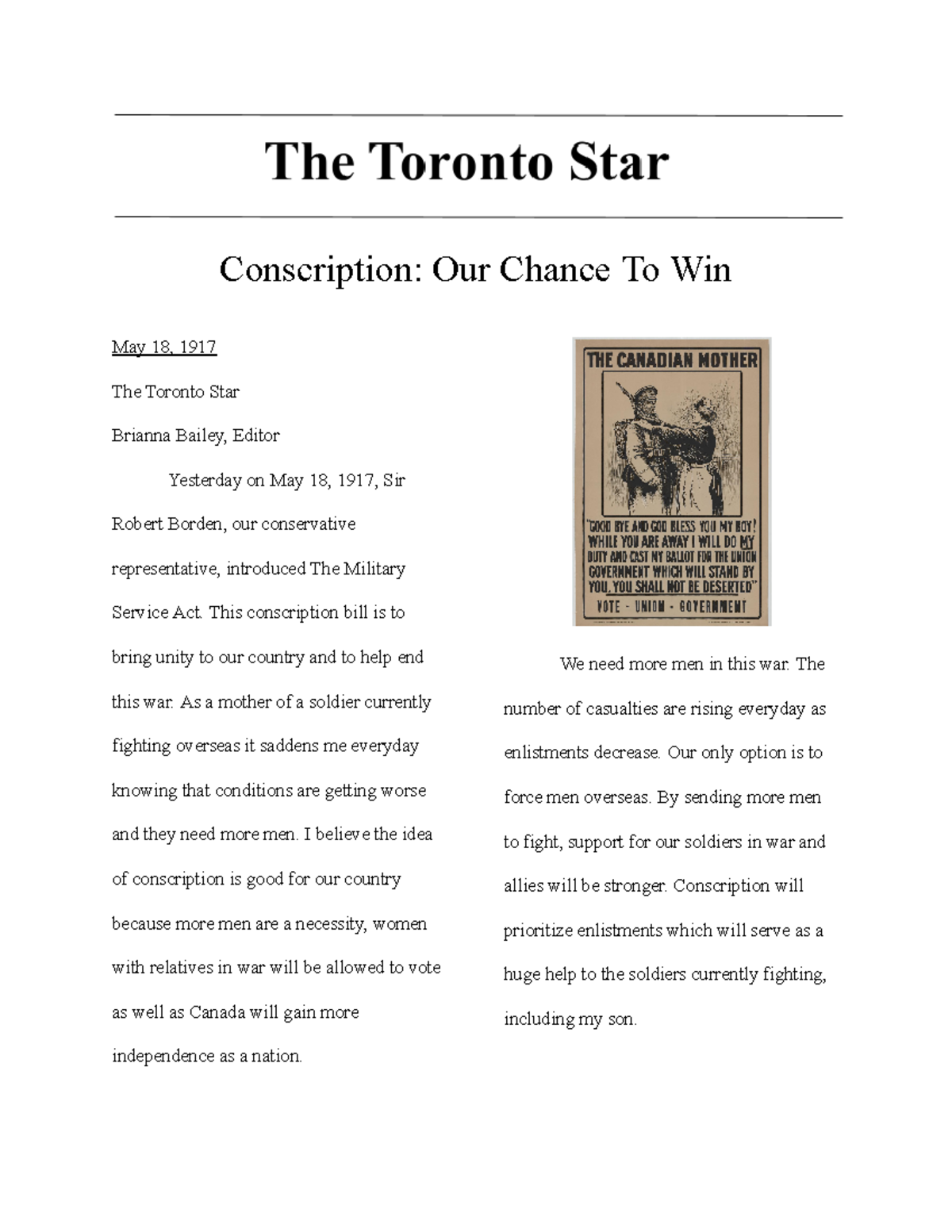 History editorial Conscription - Conscription: Our Chance To Win May 18 ...