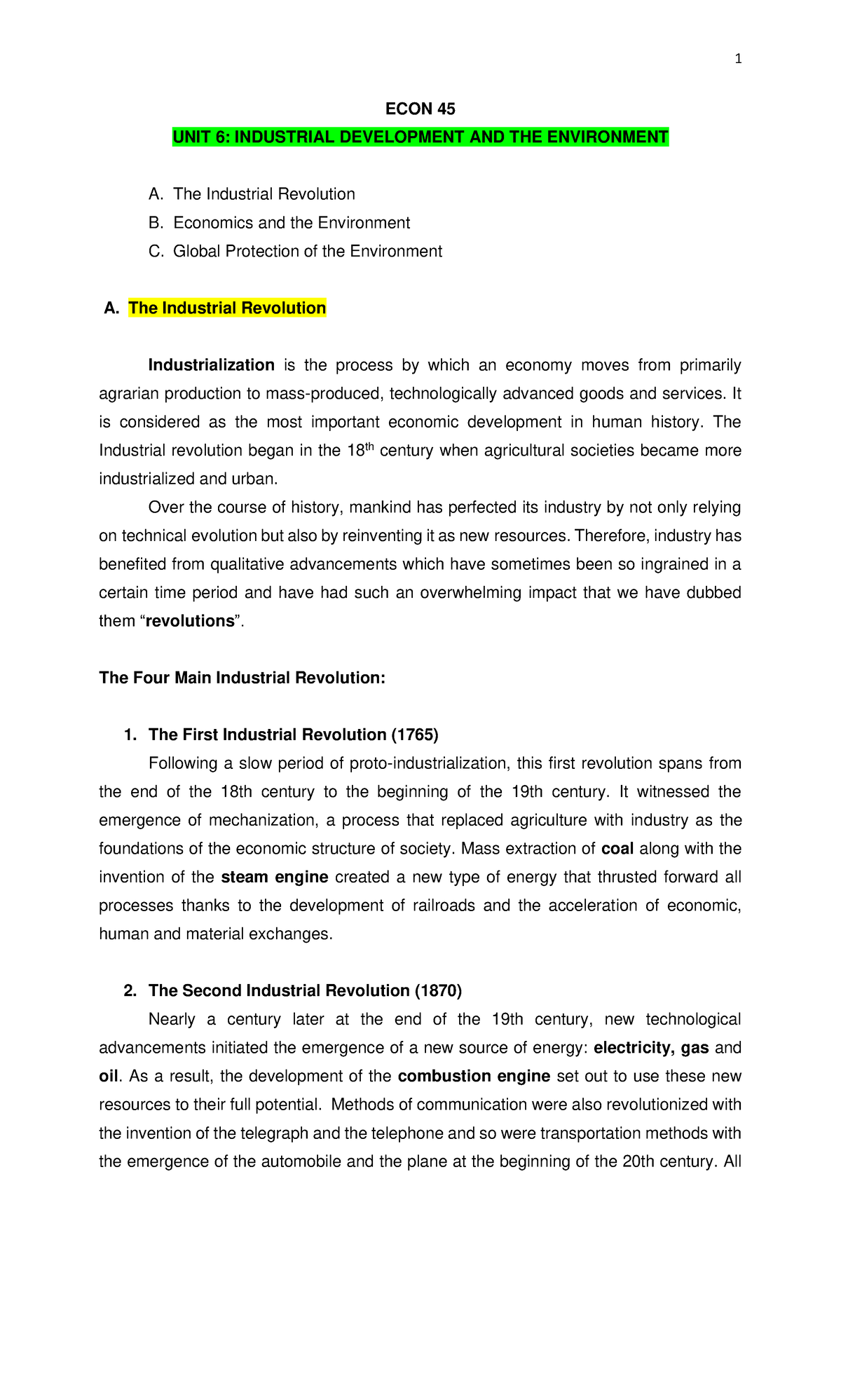 ECON 45 UNIT 6: INDUSTRIAL DEVELOPMENT AND THE ENVIRONMENT - The ...