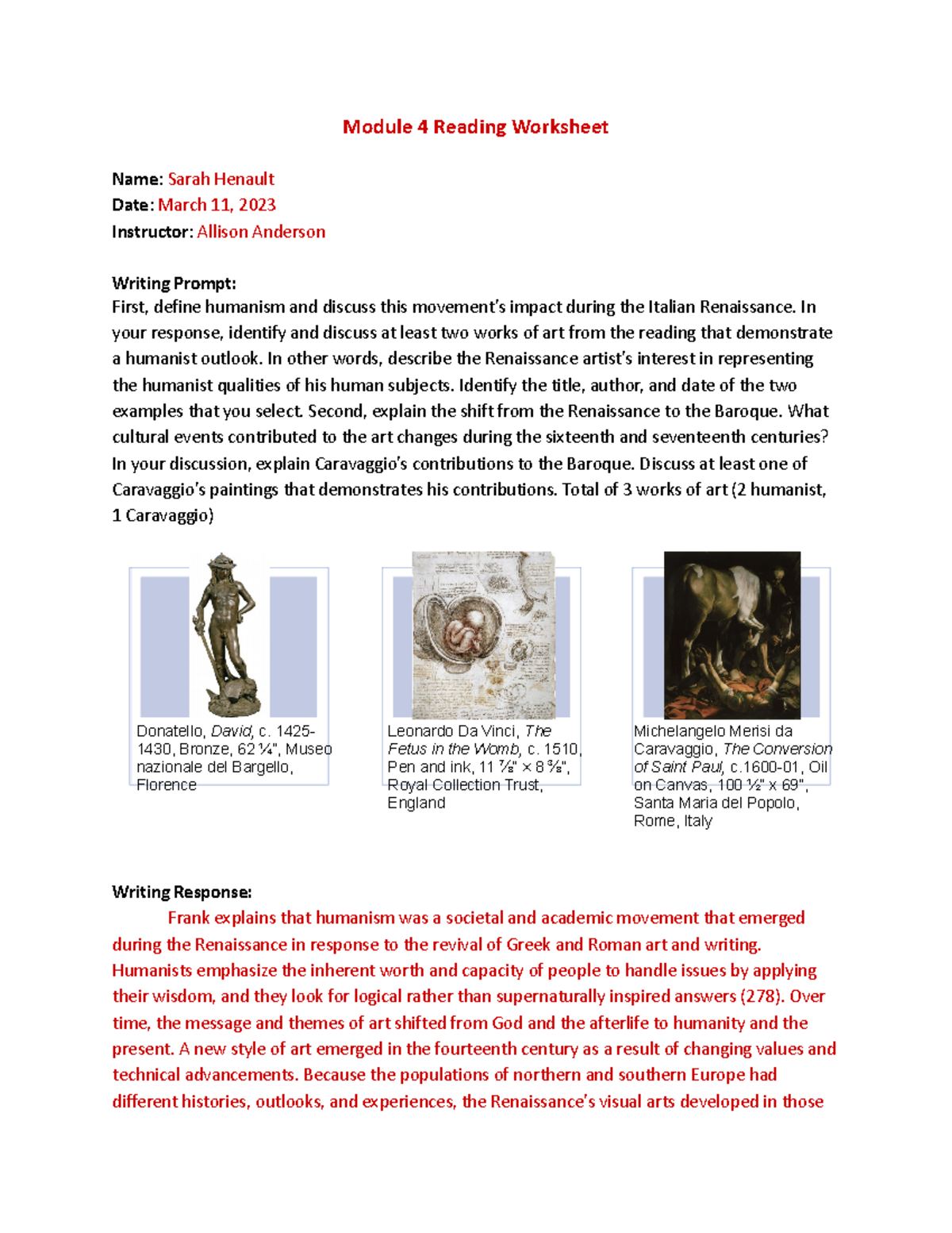 Sarah Henault - Art Appreciation Module 4 Reading Worksheet - Module 4 Reading Worksheet Name ...