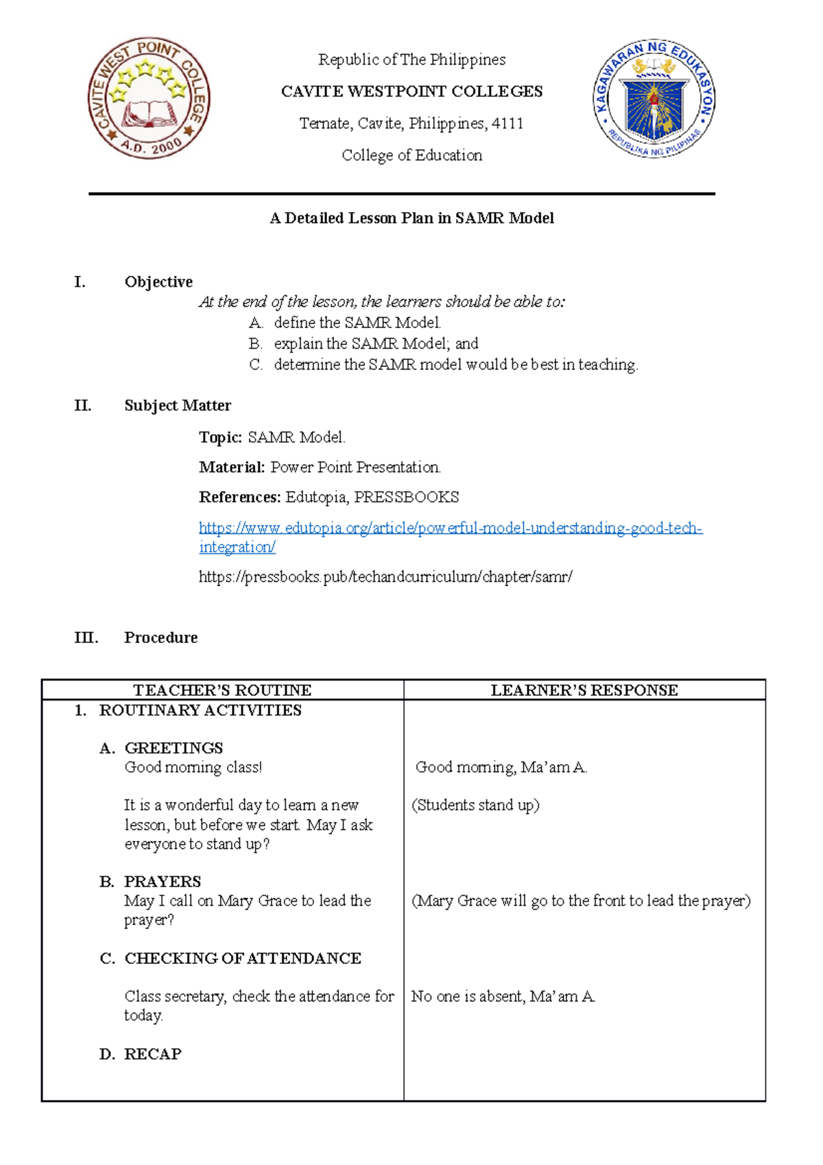 Final Detailed Lesson PLAN SAMR Model - Republic of The Philippines ...