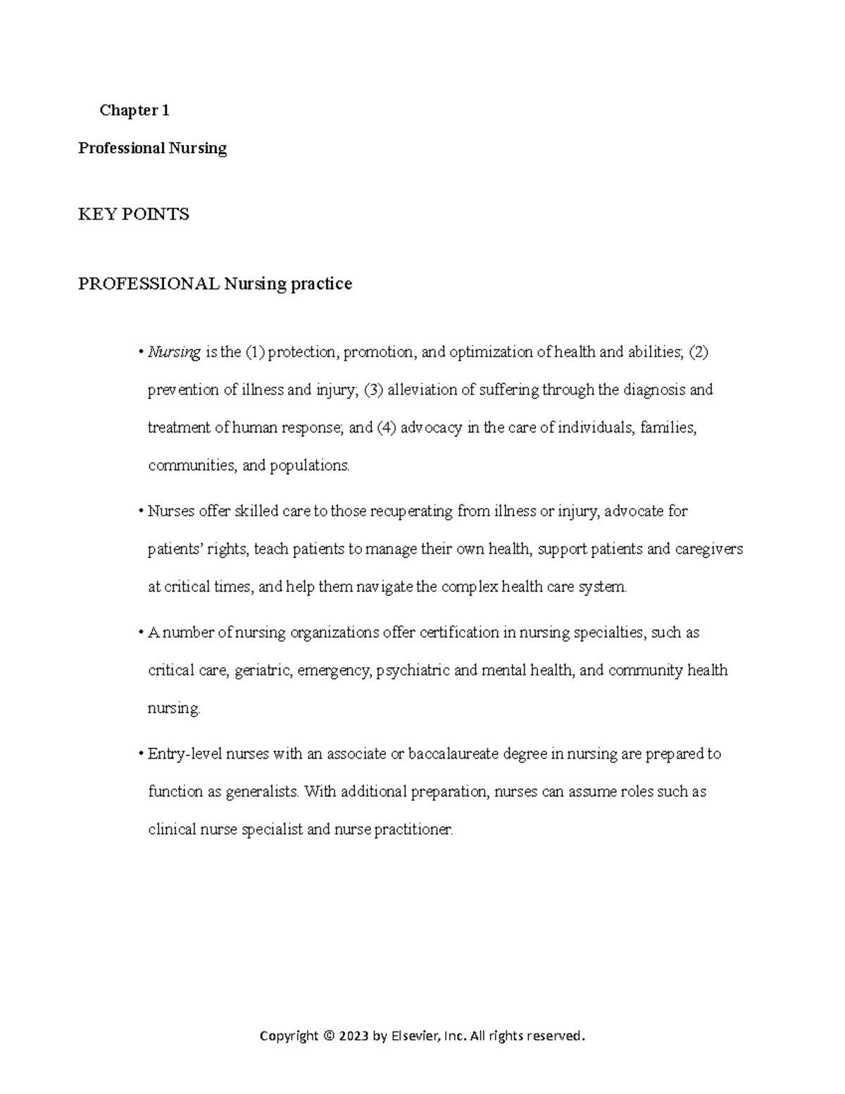 Chapter 001 - Chapter 1 Professional Nursing KEY POINTS PROFESSIONAL ...