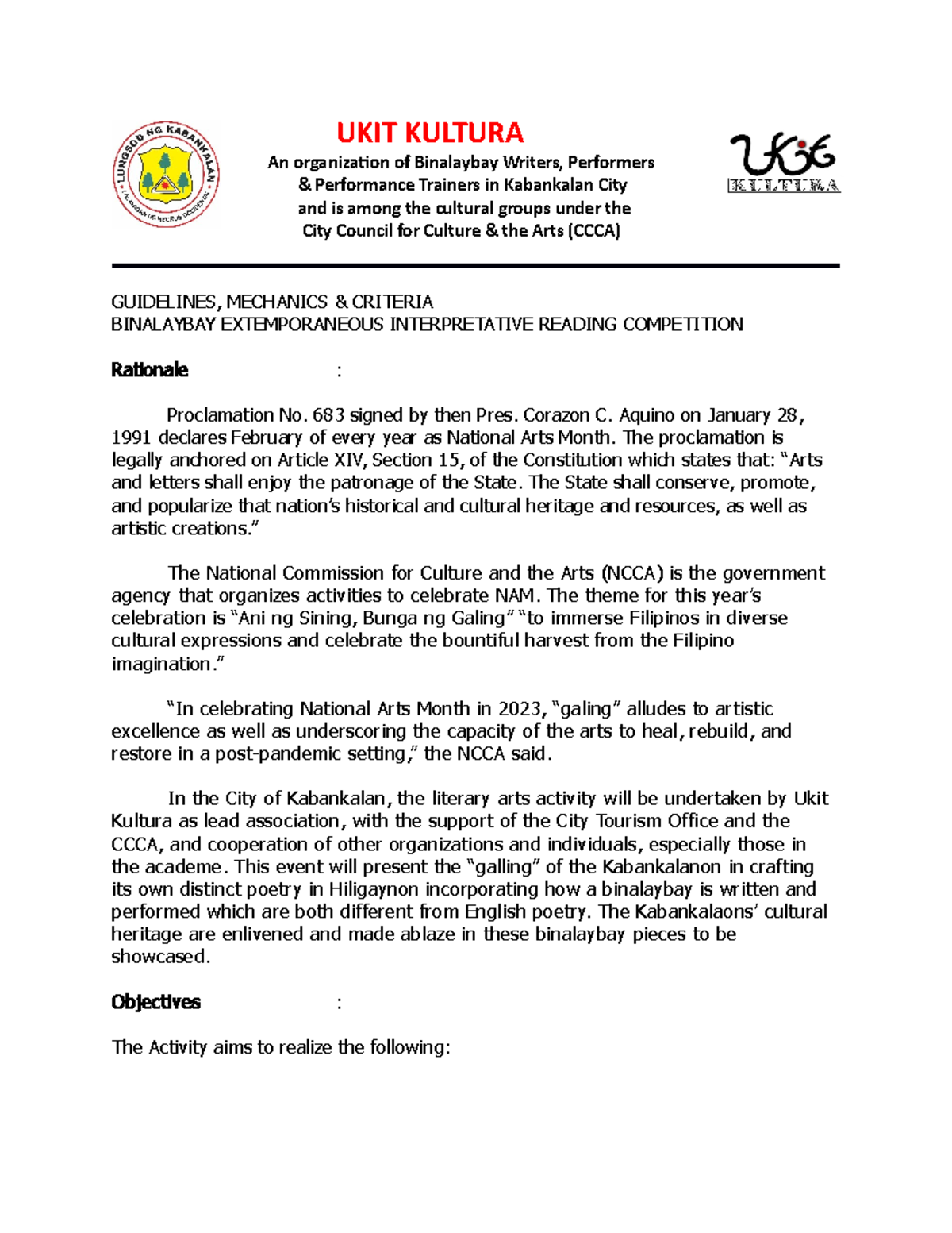 Binalaybay- Guidelines - UKIT KULTURA An organization of Binalaybay ...